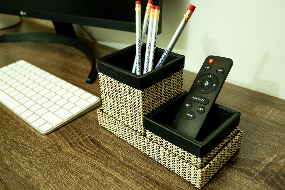 Desk Pen Remote Organizer in Three-Toned Raffia