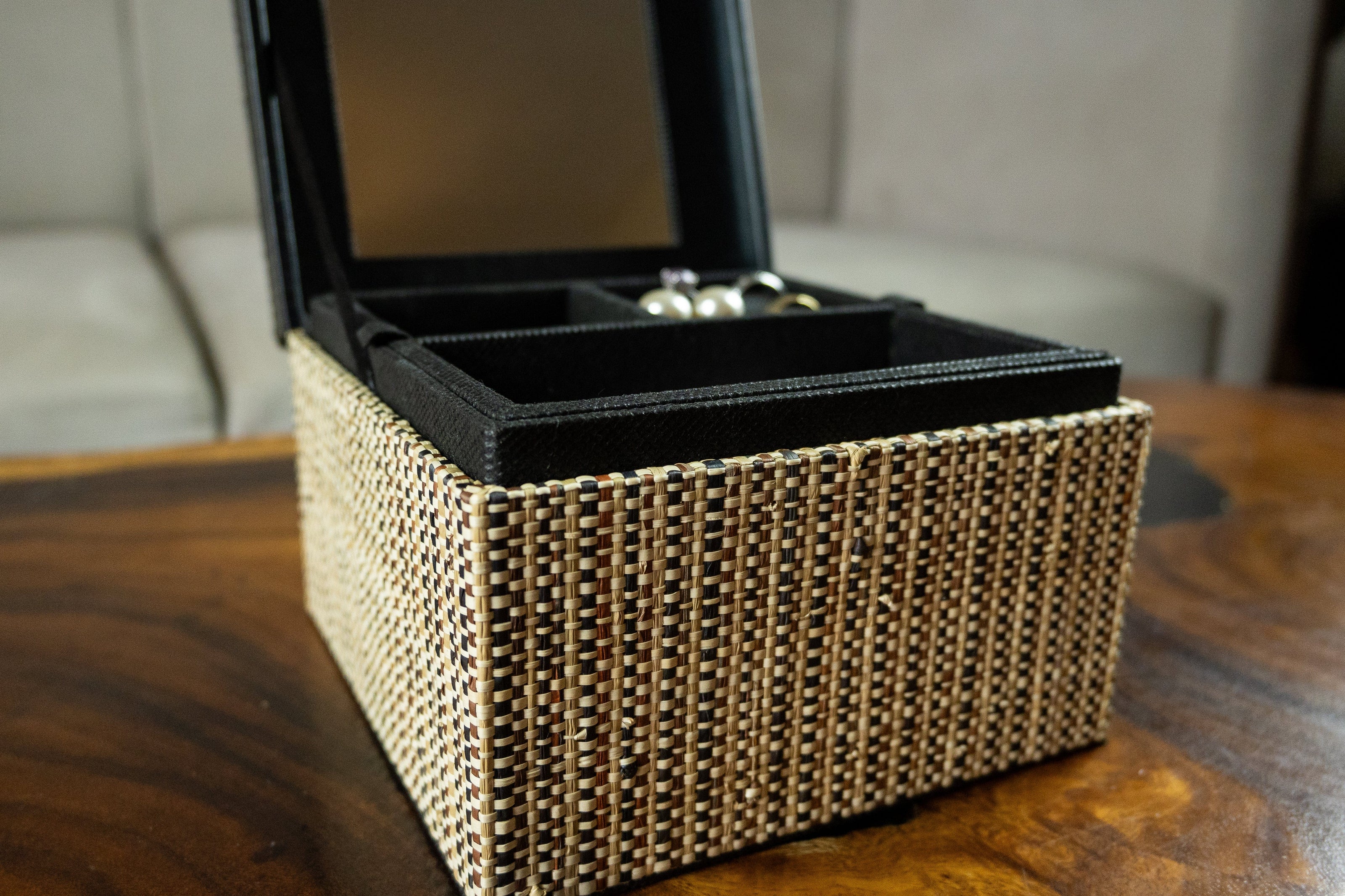 Jewelry Box Three-Toned Raffia with Built-in Vanity Mirror